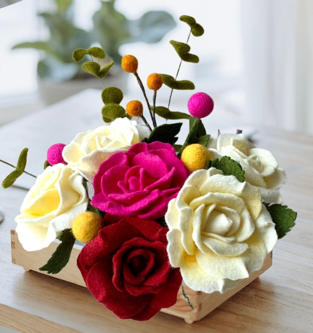 Rose Felt Flower Stems, Wool Felt Flowers, Wedding Bouquet, Valentines ...