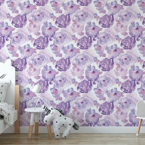 Watercolor Purple Floral Removable Wallpaper, Wall Art, Peel and Stick ...