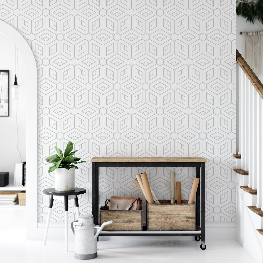 White & Gray Geometric Removable Wallpaper, Wall Art, Peel and Stick ...