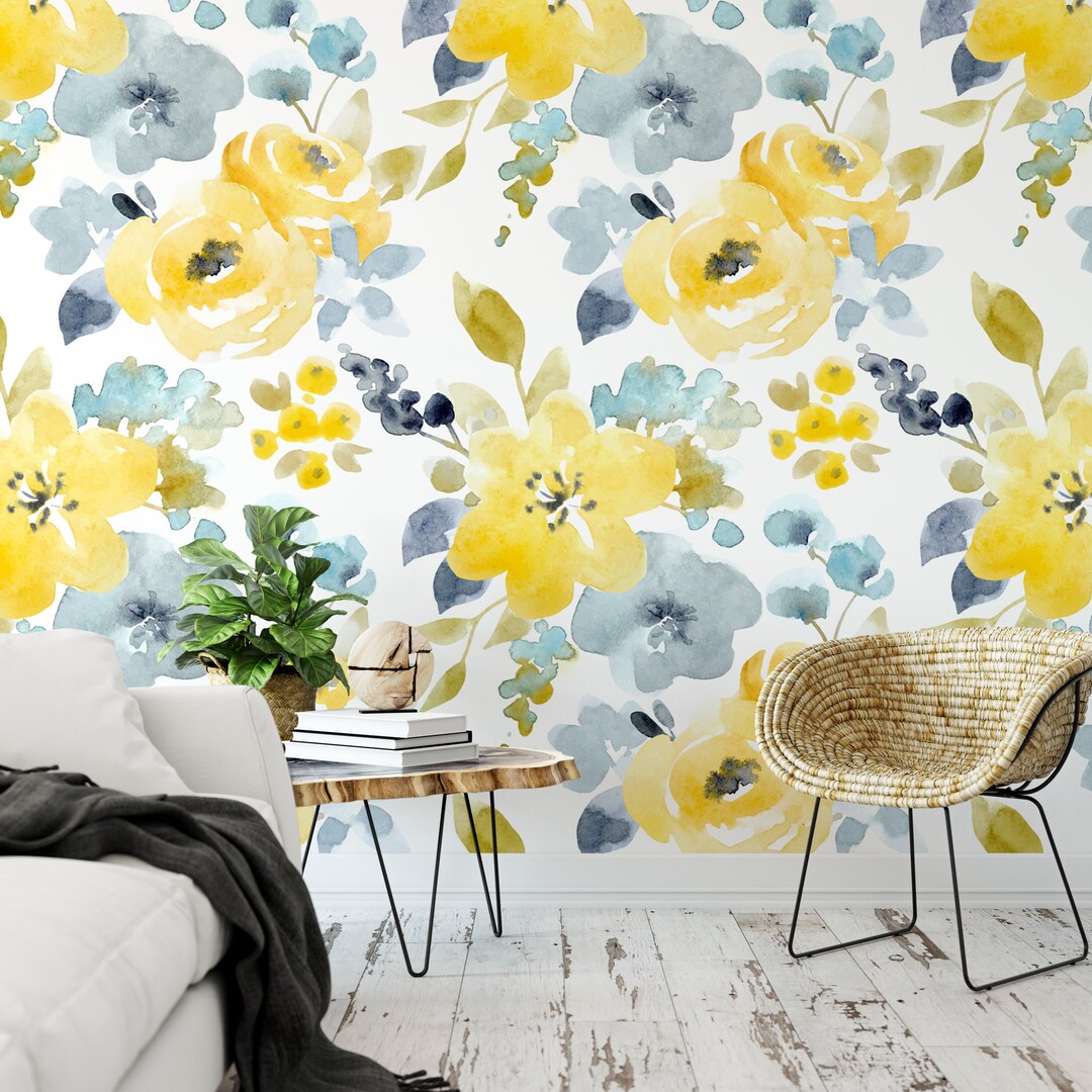 Watercolor Yellow Blue Floral Removable Wallpaper, Wall Art, Peel and ...
