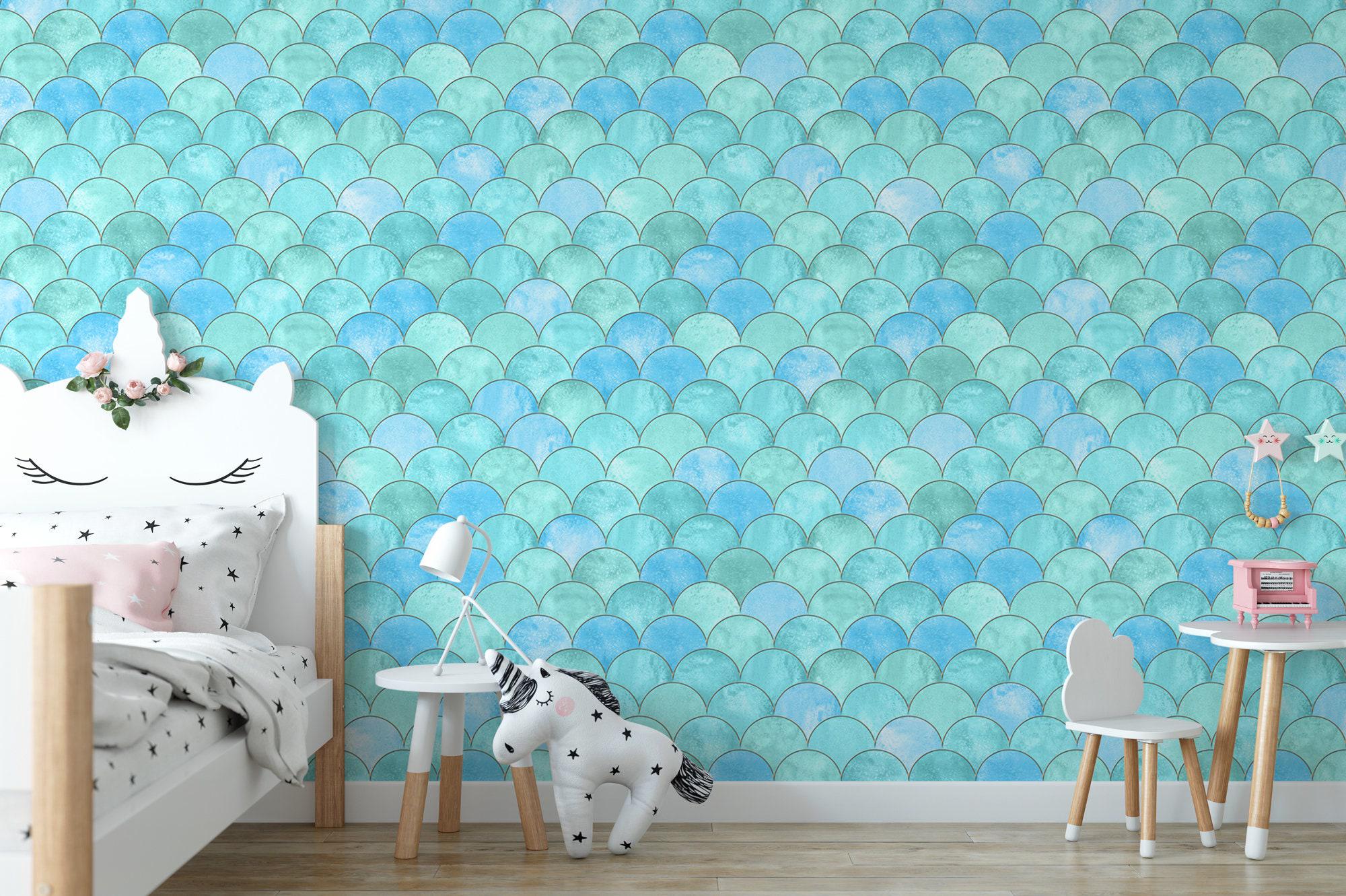 Mermaid Blue Green Fish Scale Removable Wallpaper, Wall Art, Peel and ...