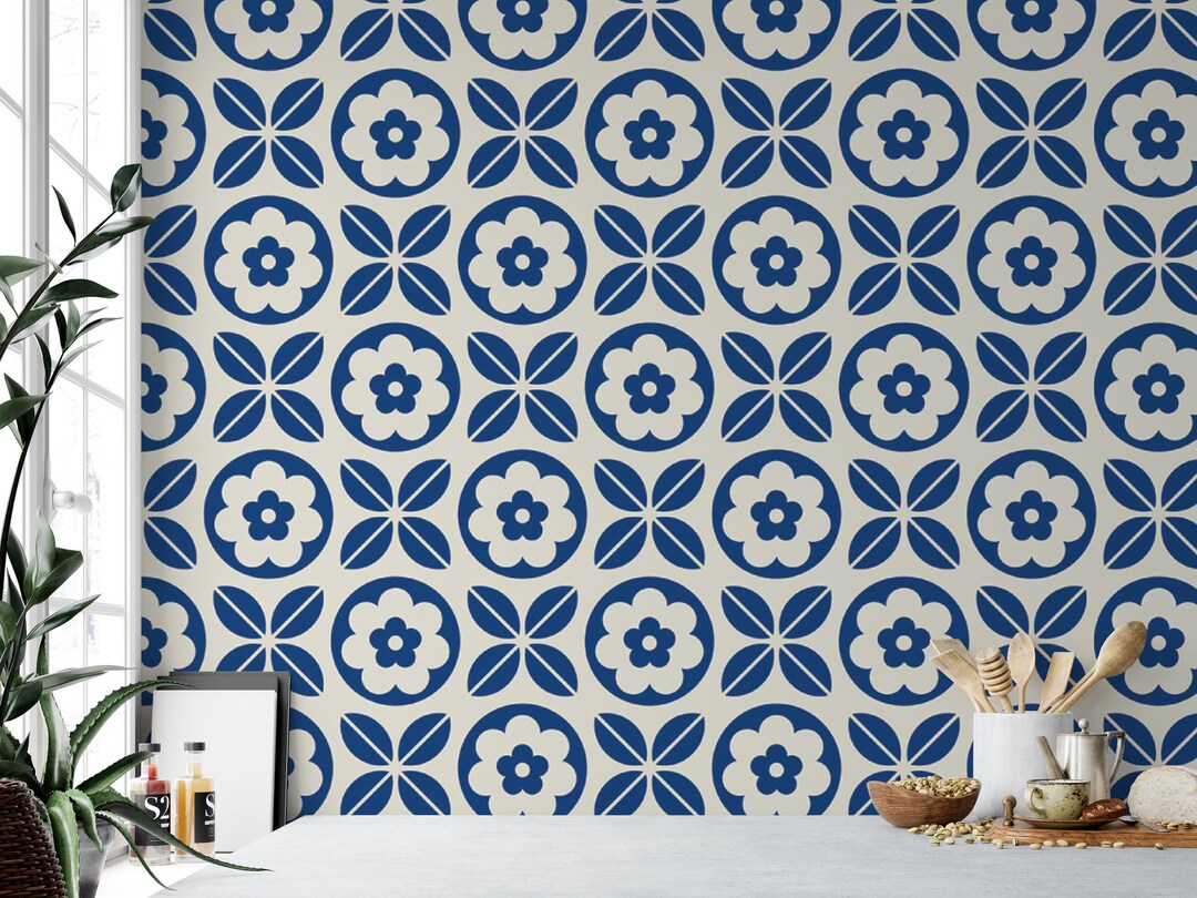 Navy Blue Folk Art Scandinavian Pattern Removable Wallpaper, Wall Art ...