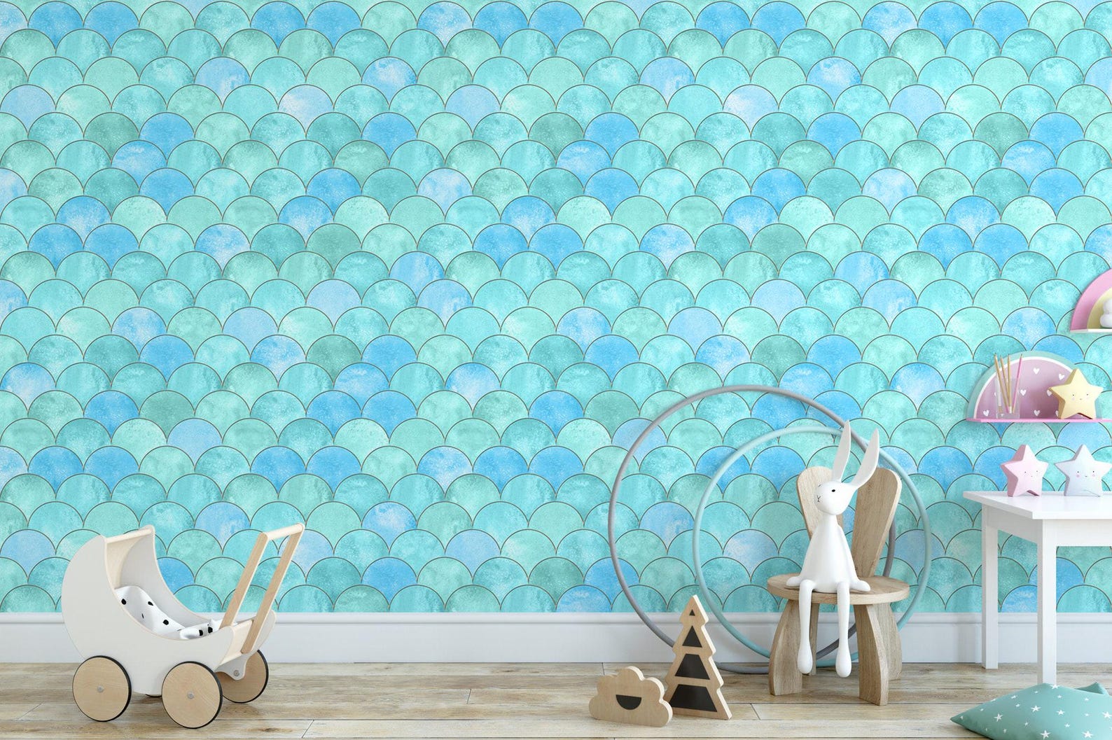 Mermaid Blue Green Fish Scale Removable Wallpaper, Wall Art, Peel and ...