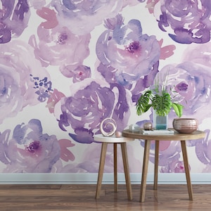 Watercolor Purple Floral Removable Wallpaper, Wall Art, Peel and Stick ...