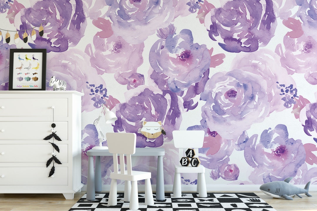 Watercolor Purple Floral Removable Wallpaper, Wall Art, Peel and Stick ...
