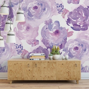 Watercolor Purple Floral Removable Wallpaper, Wall Art, Peel and Stick ...