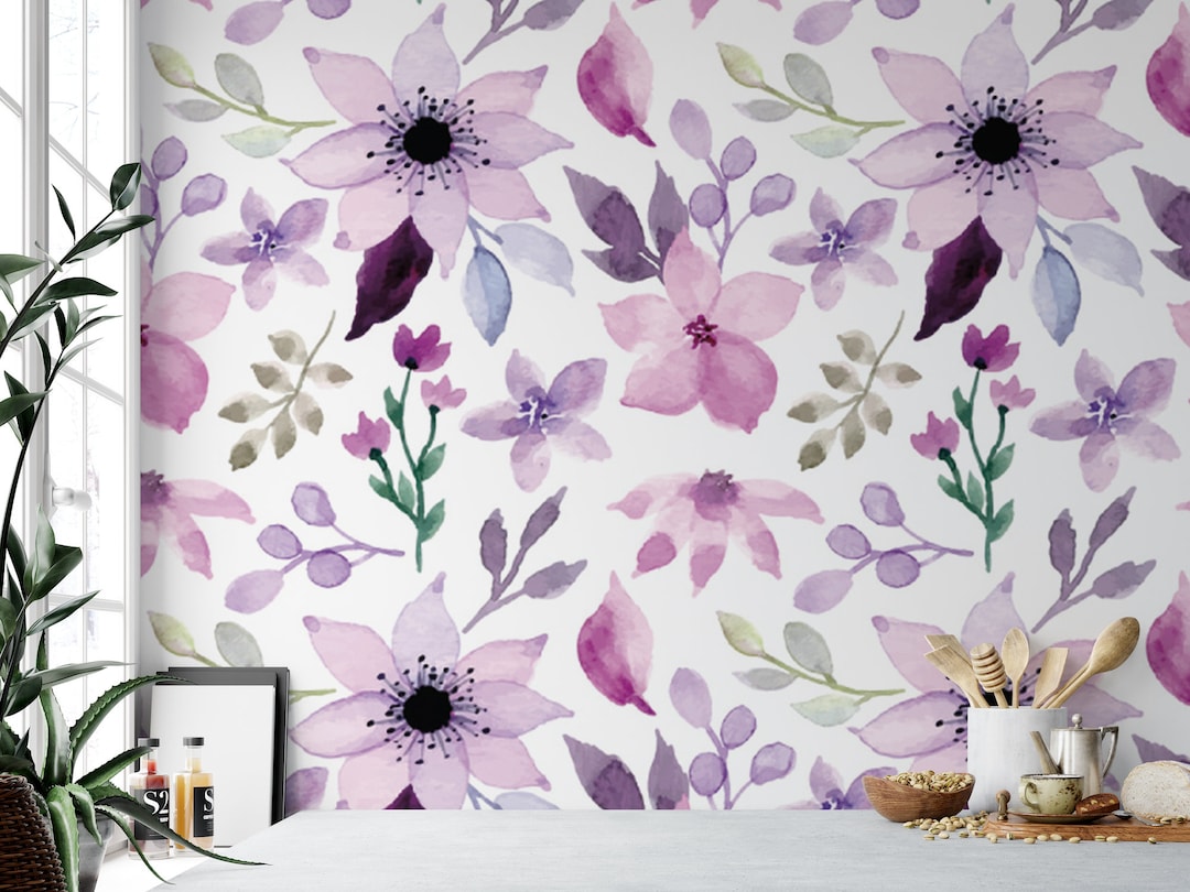 Watercolor Purple Flowers Removable Wallpaper, Wall Art, Peel and Stick ...