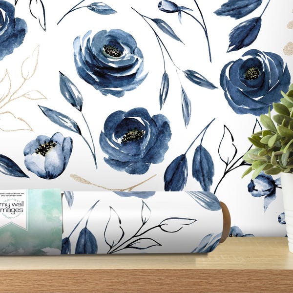 Large Blue Floral Wallpaper - Etsy