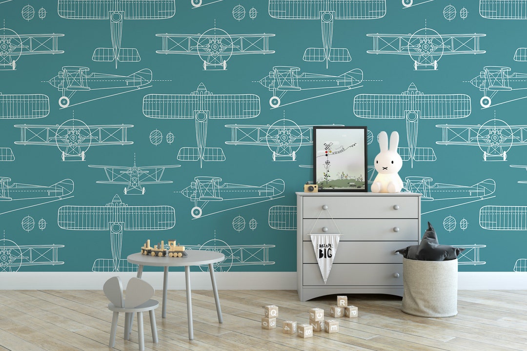 Vintage Airplane Blueprint, Removable Wallpaper, Wall Art, Peel and ...