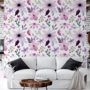 Watercolor Purple Flowers Removable Wallpaper, Wall Art, Peel and Stick ...