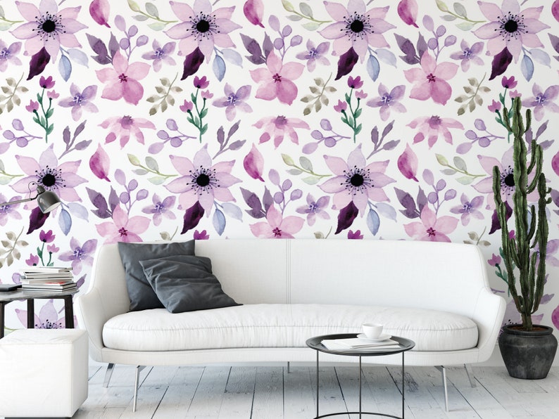 Watercolor Purple Flowers Removable Wallpaper Mural Nursery - Etsy