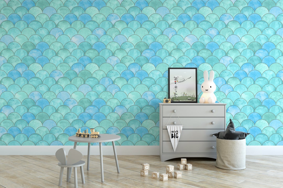 Mermaid Blue Green Fish Scale Removable Wallpaper, Wall Art, Peel and ...