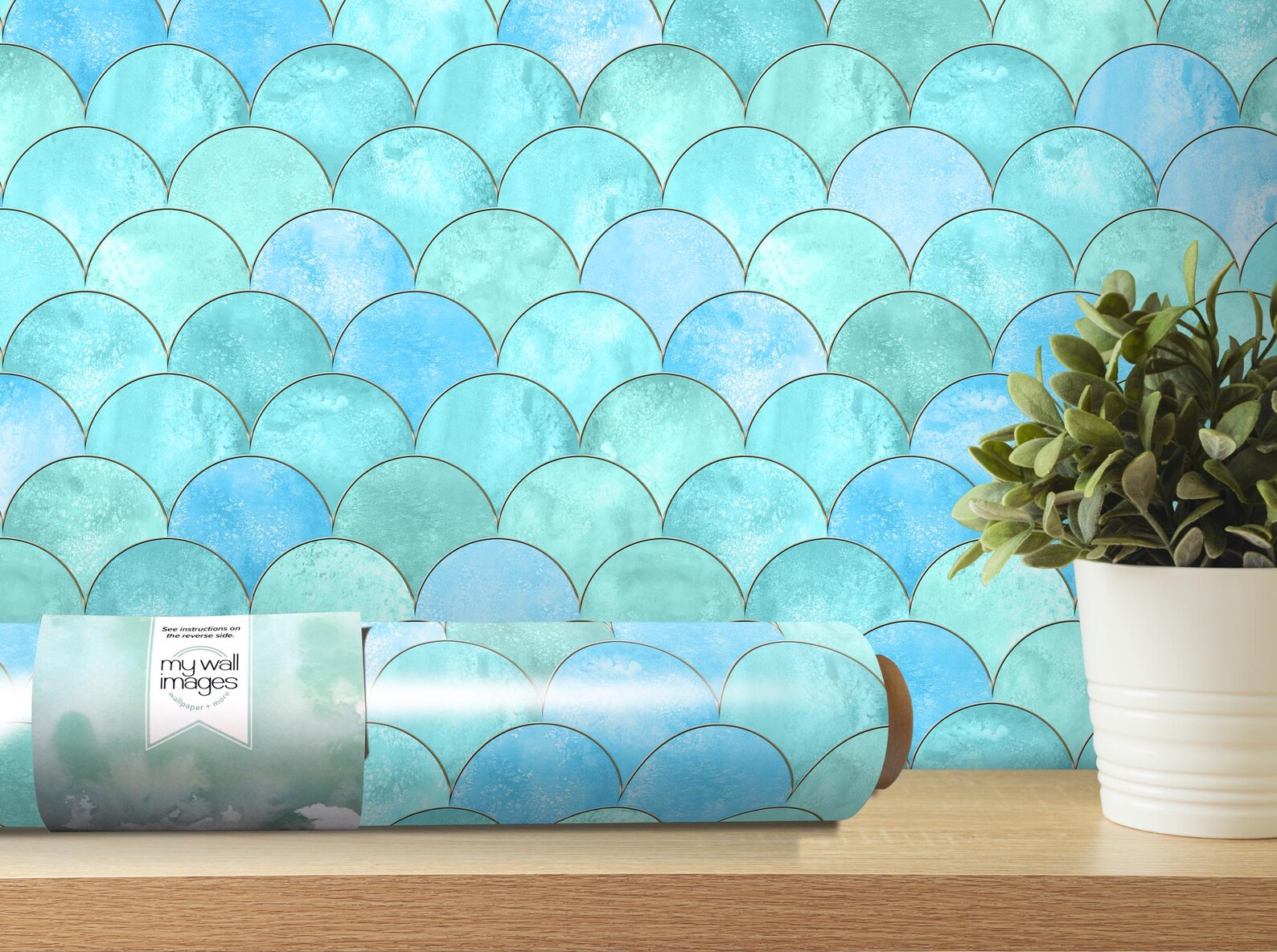 Mermaid Blue Green Fish Scale Removable Wallpaper, Wall Art, Peel and ...