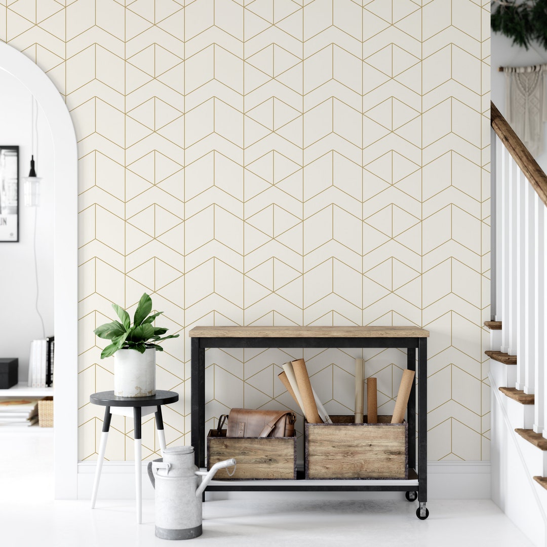 Gold Geometric Lines Removable Wallpaper, Wall Art, Peel and Stick ...