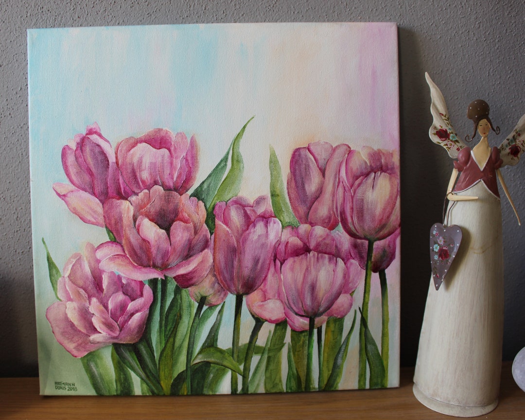 Pink Tulips Original Acrylic Hand Painted on Canvas 40 X 40 Cm - Etsy