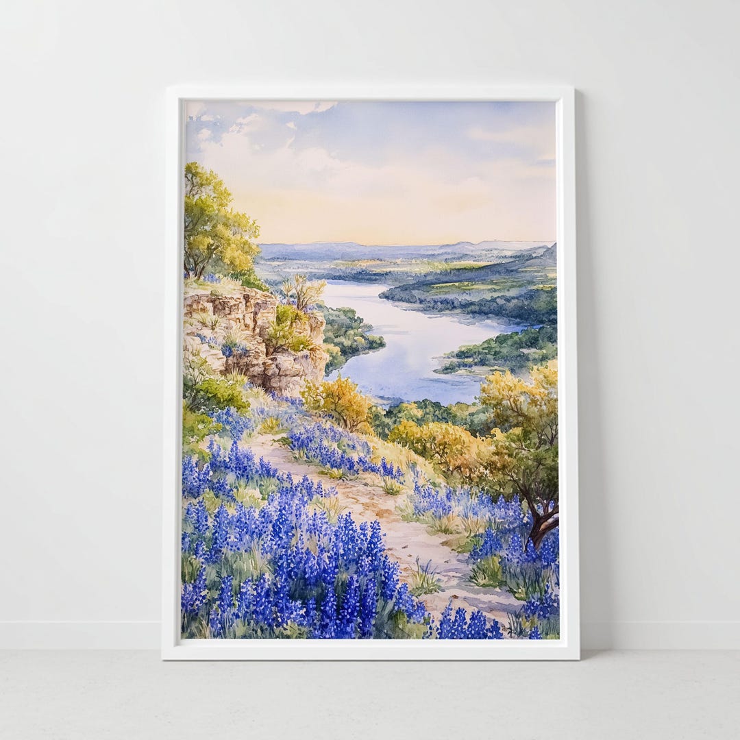 Mount Bonnell Watercolor Print, Texas Landscape, Bluebonnet Art - Etsy