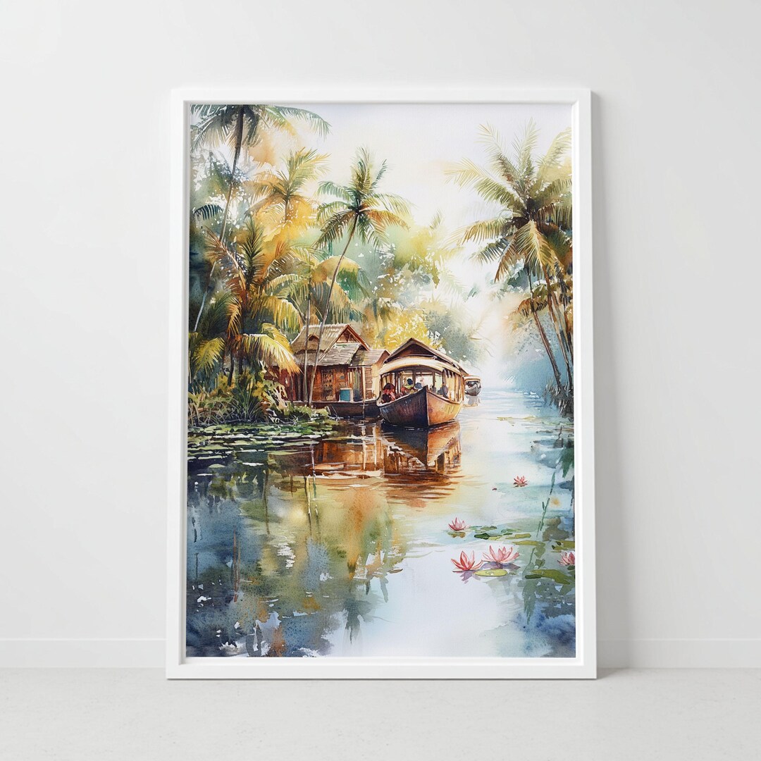Kerala Backwaters Watercolor Print, India Travel Art Poster - Etsy