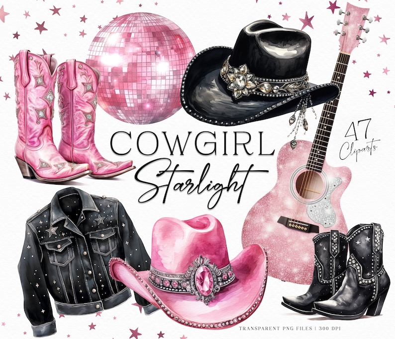 Coastal Cowgirl Clipart Bundle Watercolor Cowgirl Boots Disco Cowgirl ...