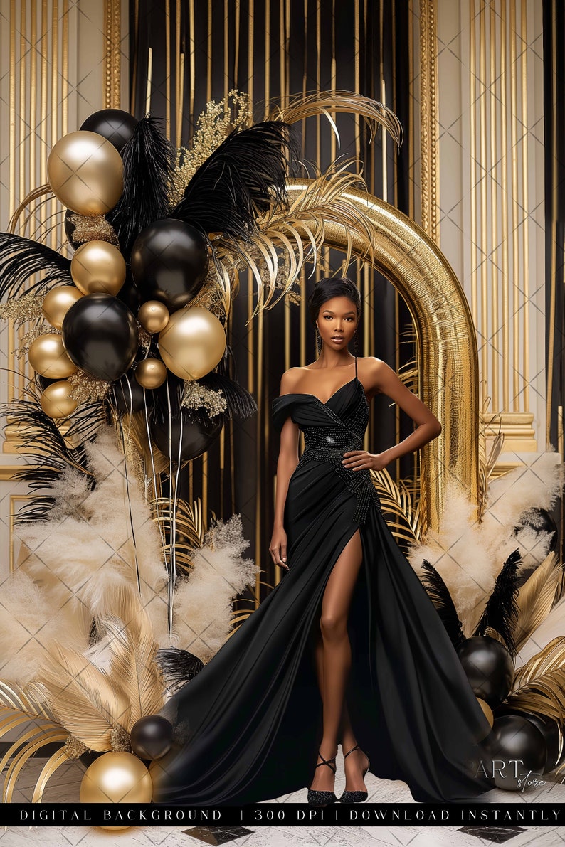Elegant Black & Gold Digital Photography Backdrop Feathers and Pampas ...