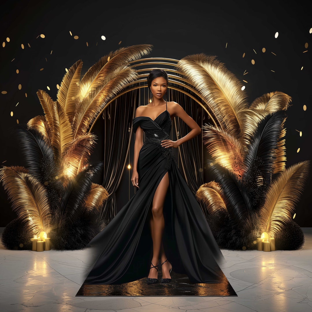 Elegant Black & Gold Digital Photography Backdrop Feathers and Pampas ...