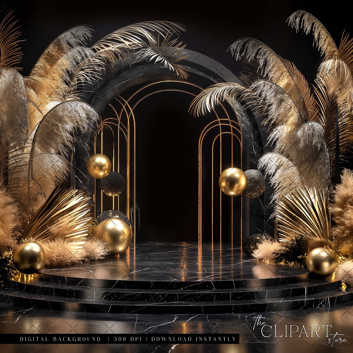 Elegant Black & Gold Digital Photography Backdrop Feathers and Pampas ...