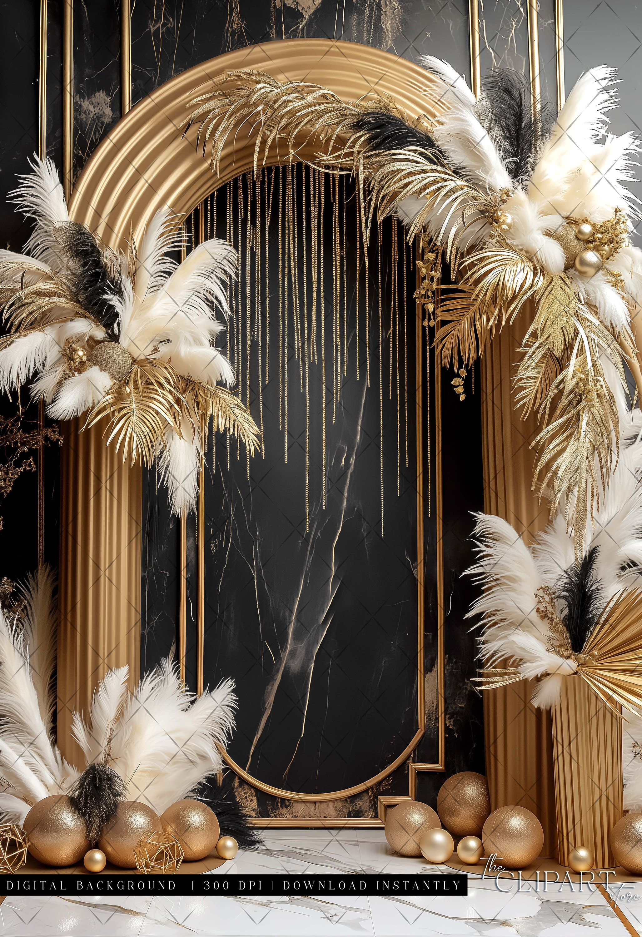 Elegant Black & Gold Digital Photography Backdrop Feathers and Pampas ...