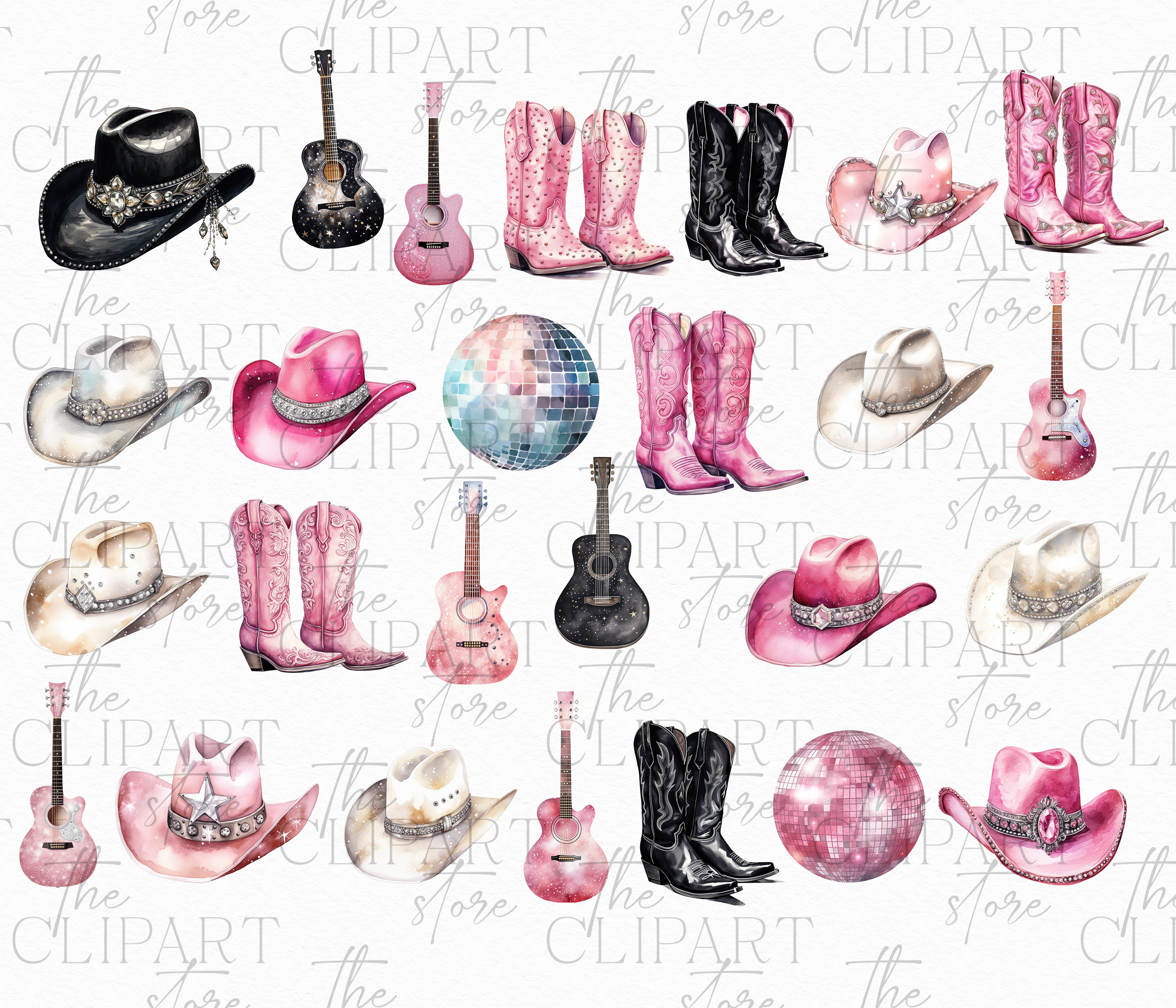 Coastal Cowgirl Clipart Bundle Watercolor Cowgirl Boots Disco Cowgirl ...