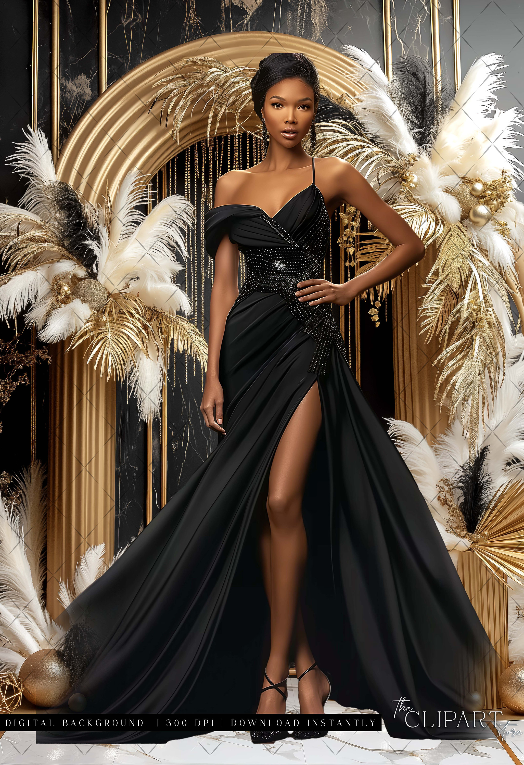 Elegant Black & Gold Digital Photography Backdrop Feathers and Pampas ...
