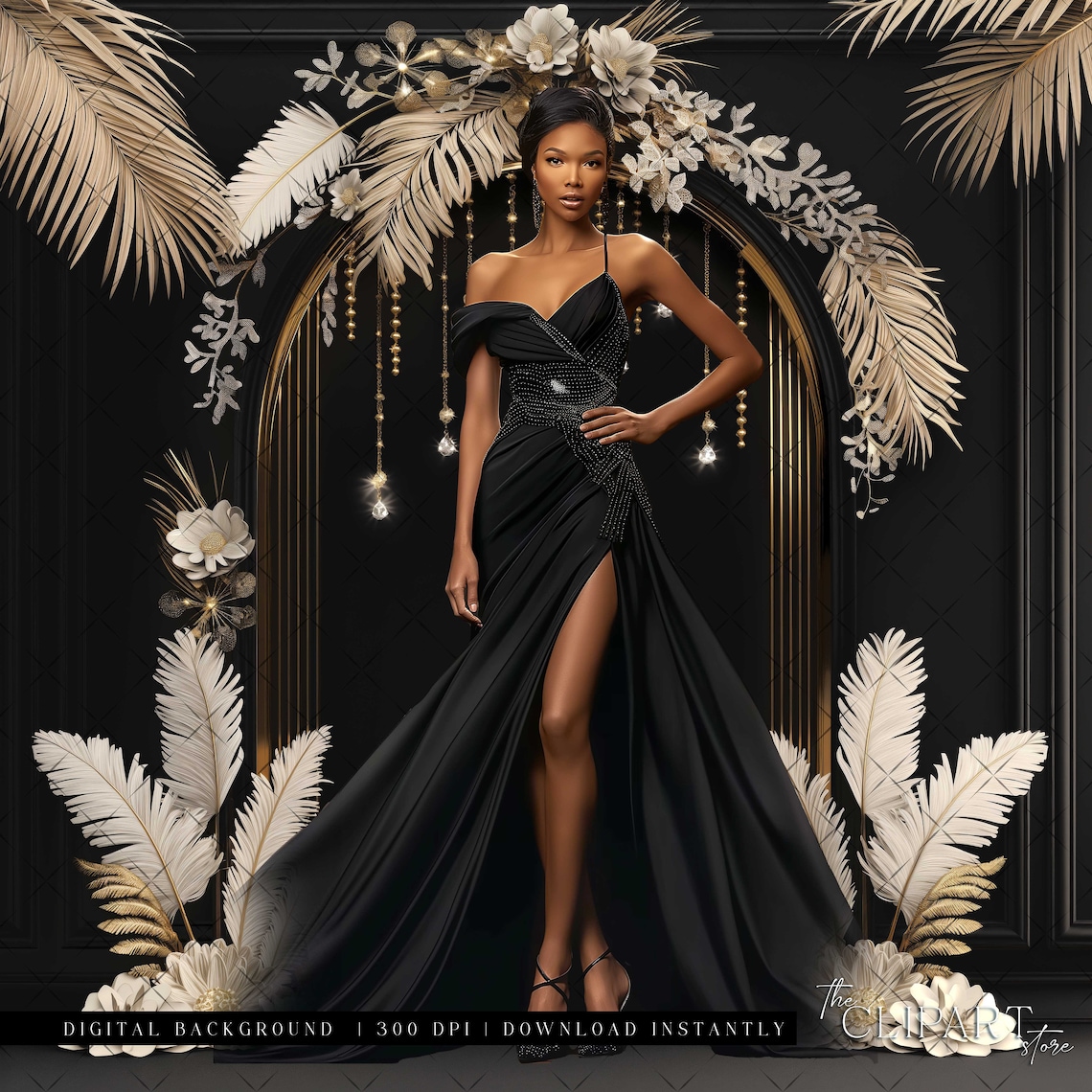 Elegant Black & Gold Digital Photography Backdrop Feathers and Pampas ...