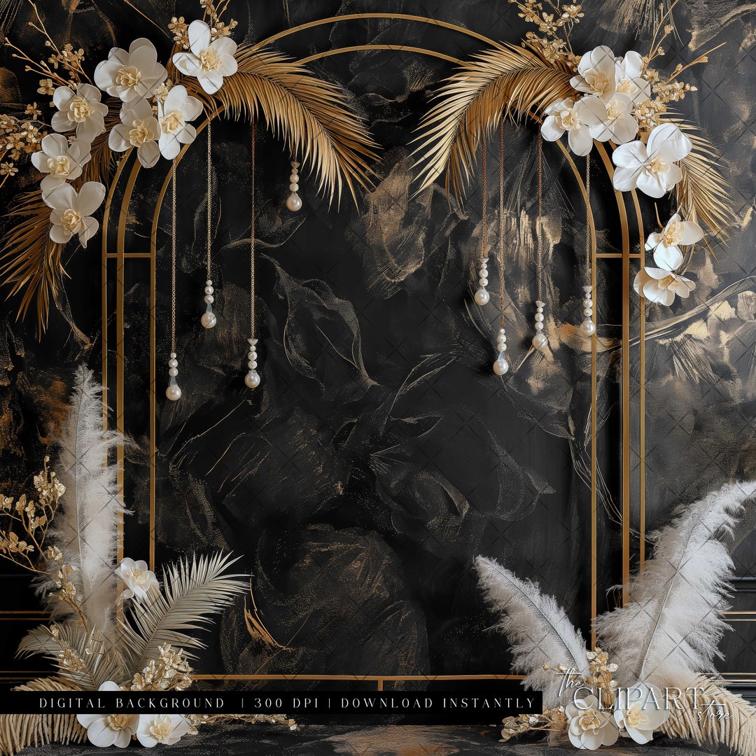 Elegant Black & Gold Digital Photography Backdrop Feathers and Pampas ...