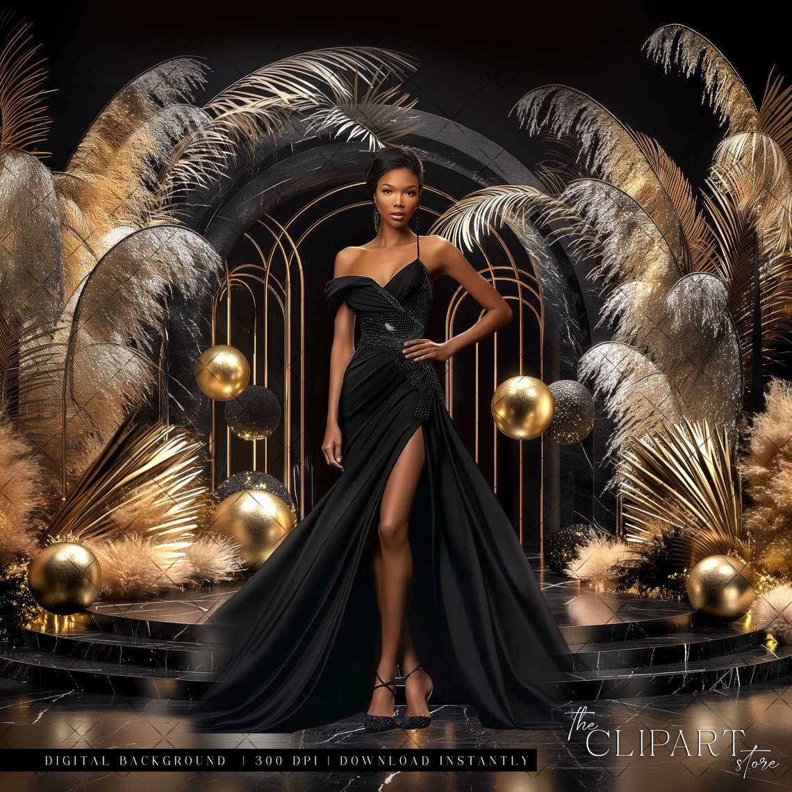 Elegant Black & Gold Digital Photography Backdrop Feathers and Pampas ...