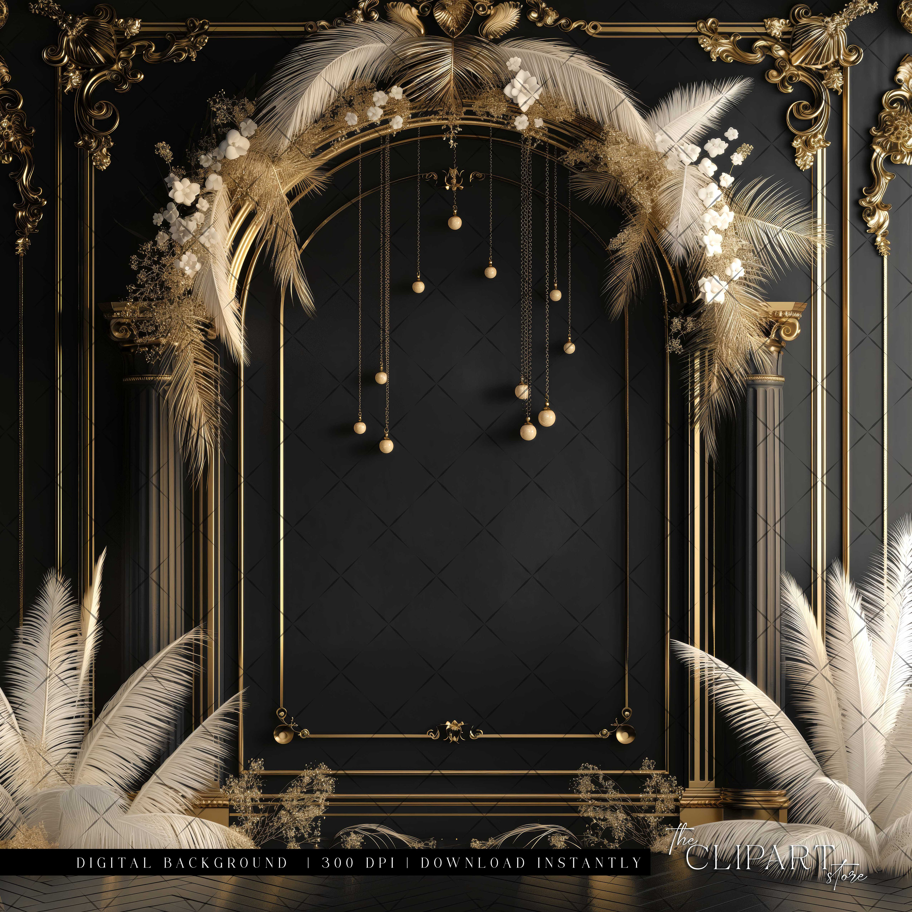 Elegant Black & Gold Digital Photography Backdrop Feathers and Pampas ...