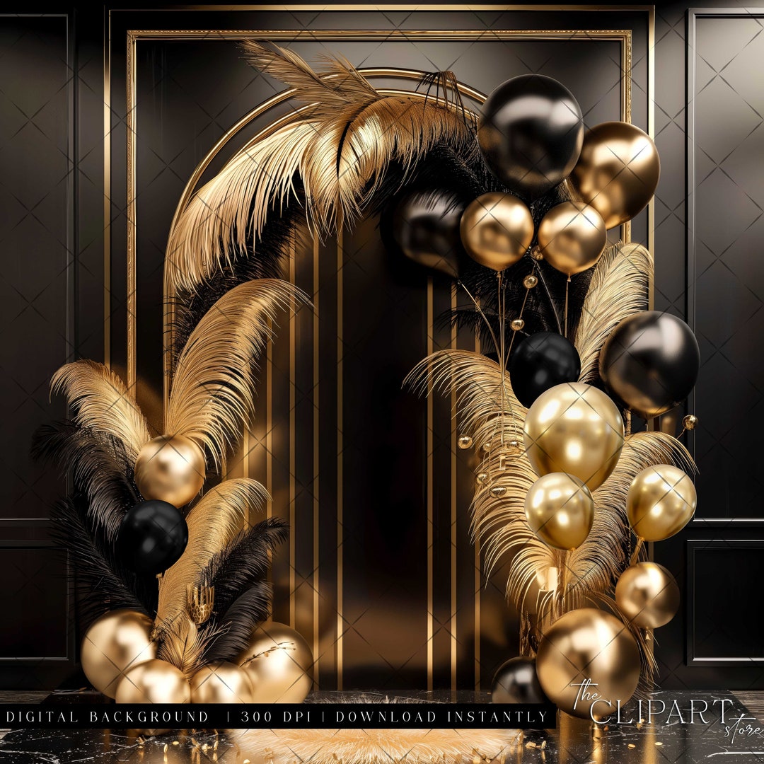 Elegant Black & Gold Digital Photography Backdrop Feathers and Pampas ...
