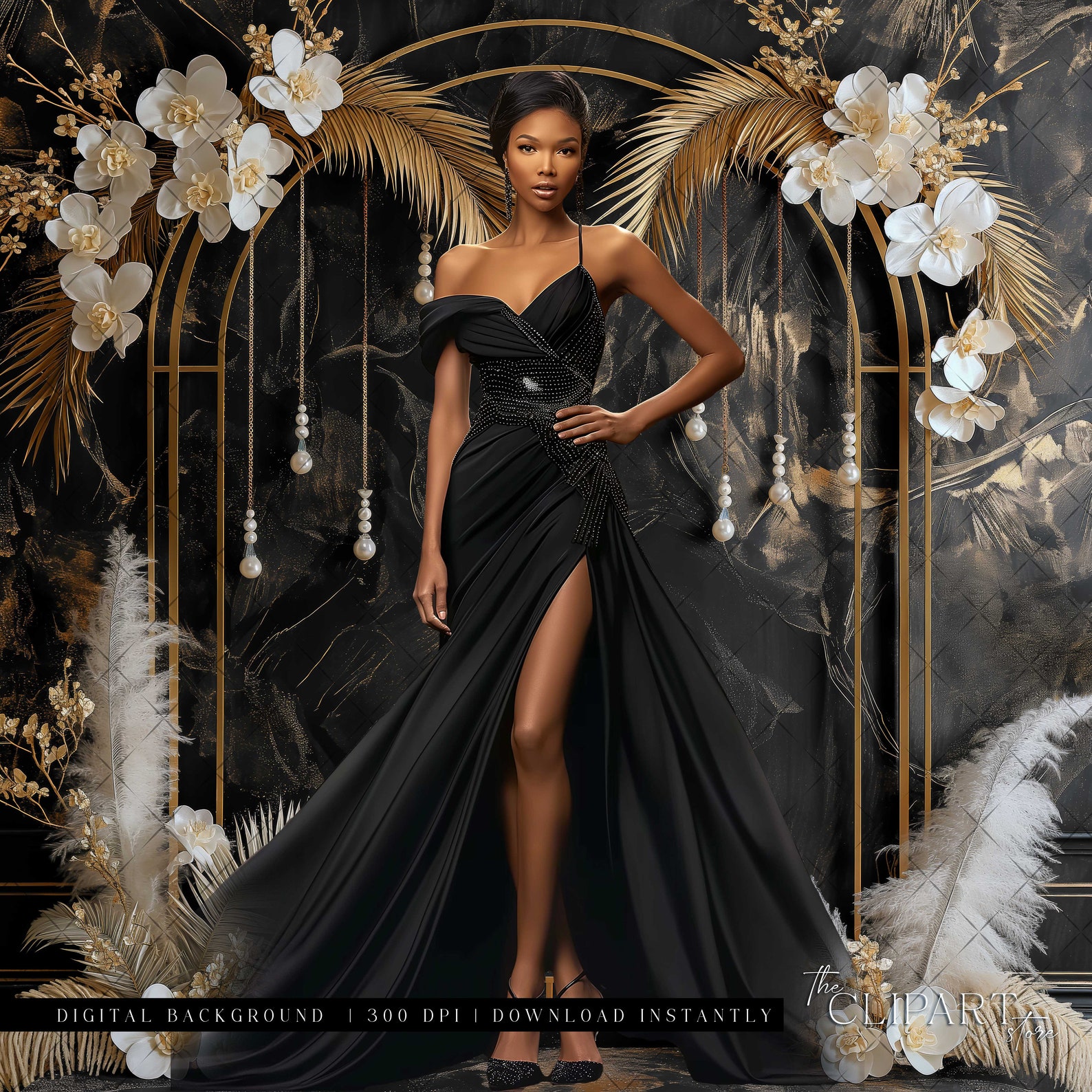 Elegant Black & Gold Digital Photography Backdrop Feathers and Pampas ...
