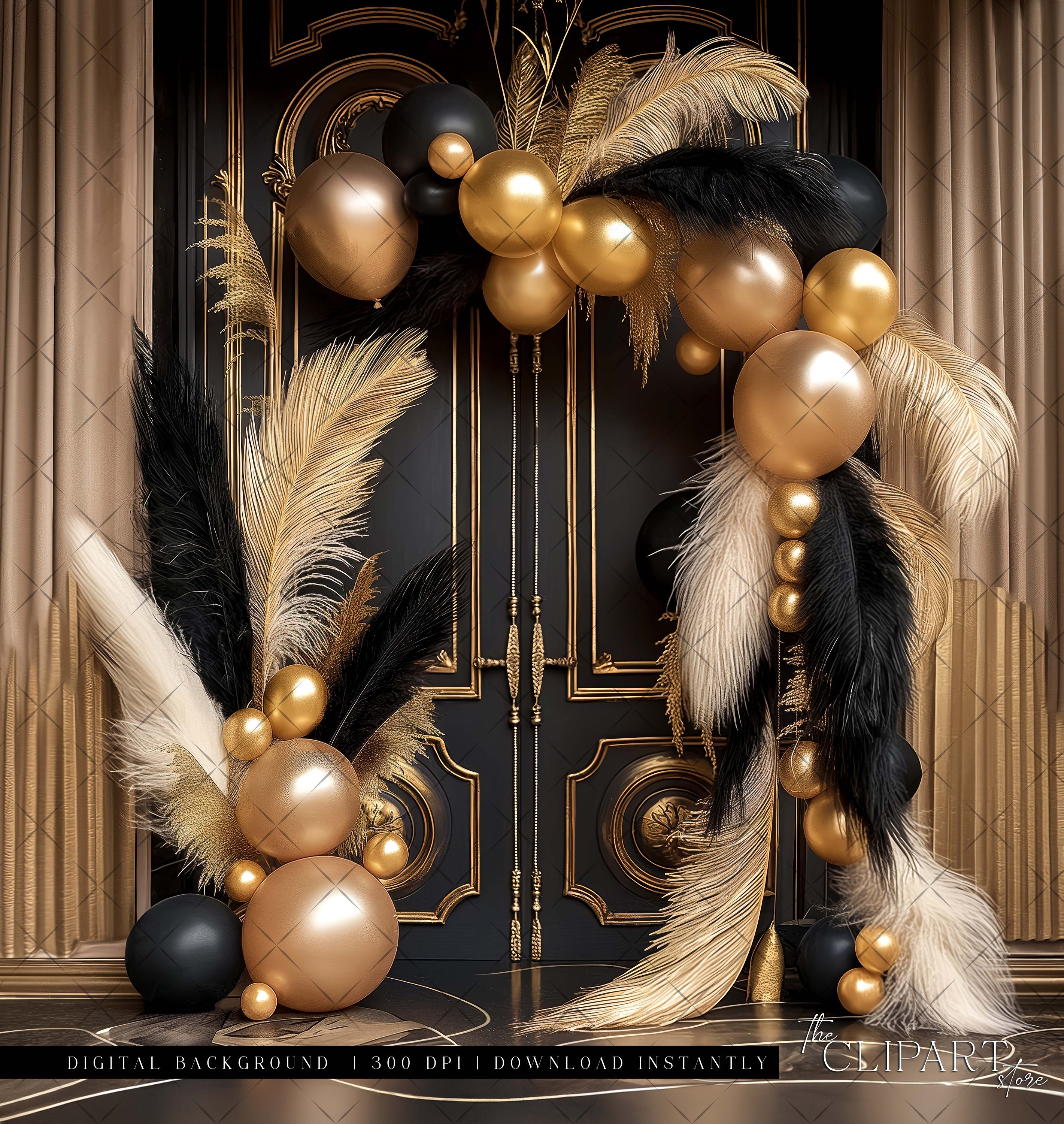 Elegant Black & Gold Digital Photography Backdrop Feathers and Pampas ...