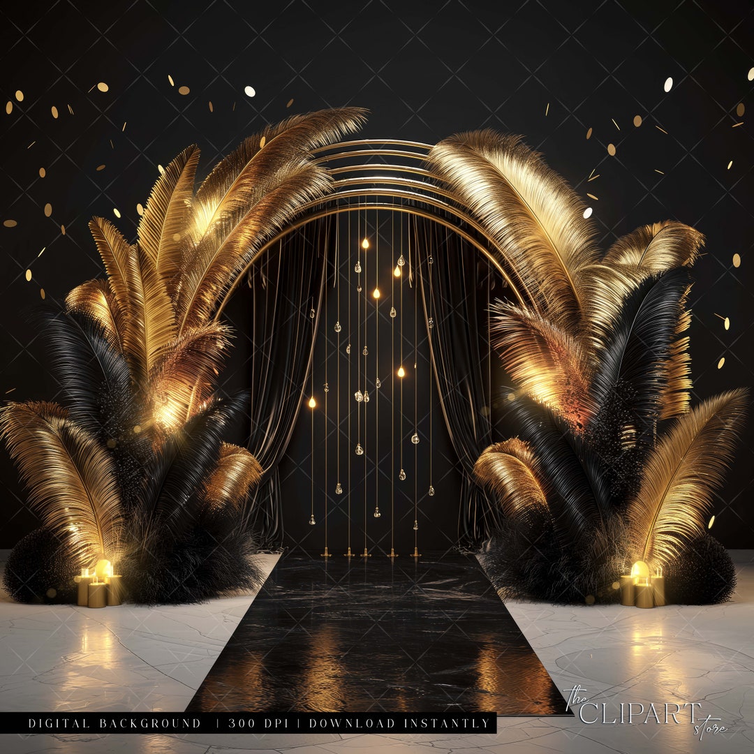 Elegant Black & Gold Digital Photography Backdrop Feathers and Pampas ...