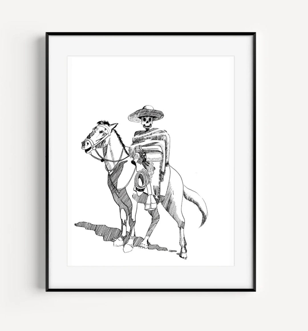 Art Print of Mexican Skeleton Vaquero. Black and White Ink Drawing ...