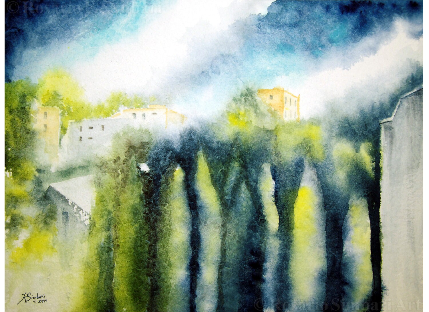 Cypress Tree Art Original Watercolor Landscape Painting Semi - Etsy