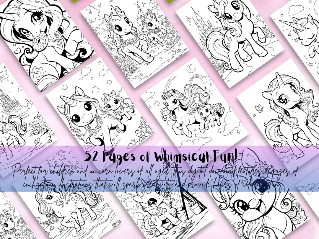 52 Pages Enchanting Unicorn Coloring Book Printable Children Coloring ...