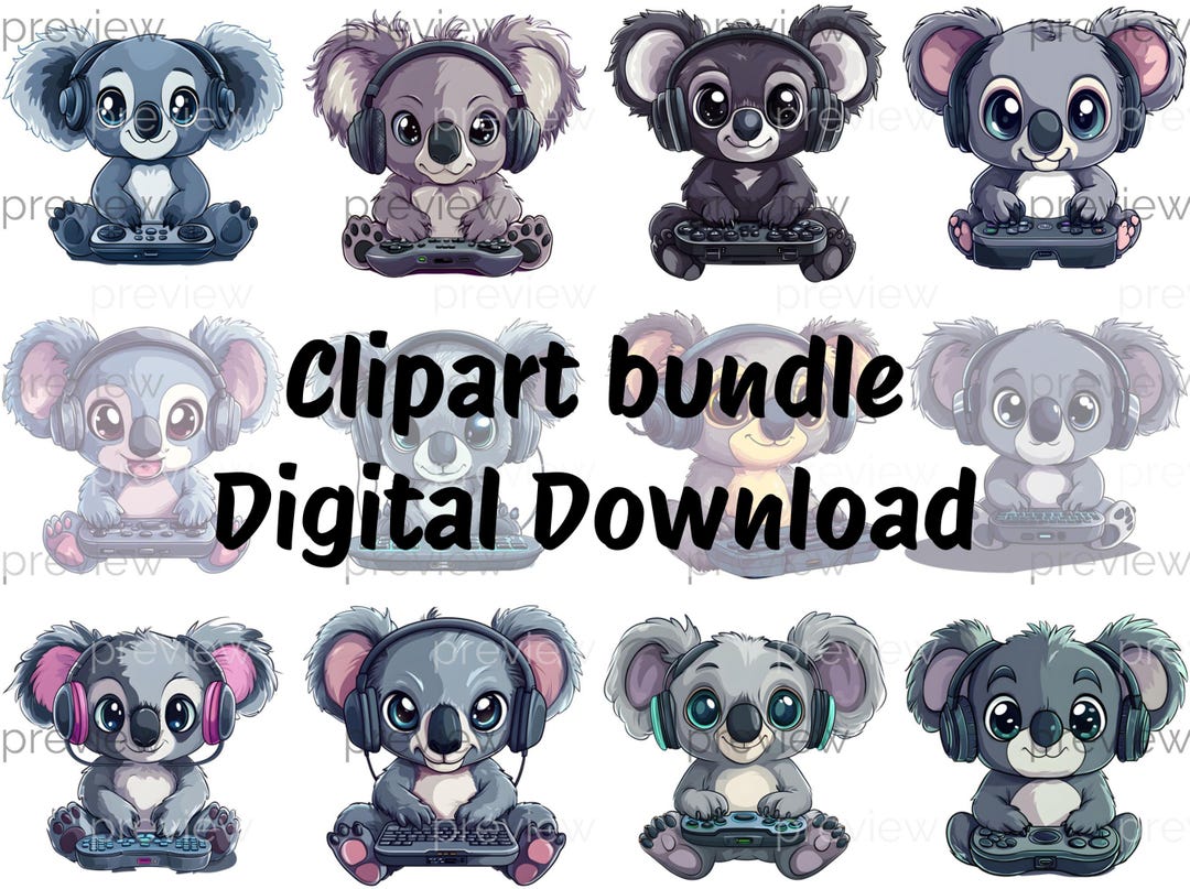 Playful Koala Gamer Avatar Clipart Bundle PNG Designs for Instant ...