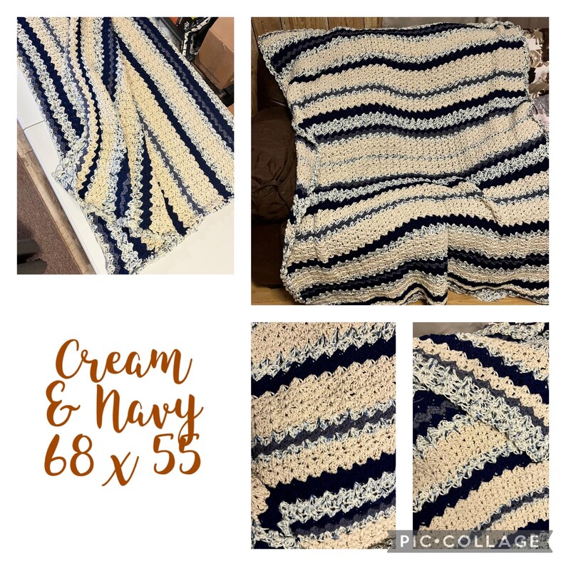 Handmade Crocheted Afghan/throw, Navy Blue, & Cream, 55 X 68 - Etsy