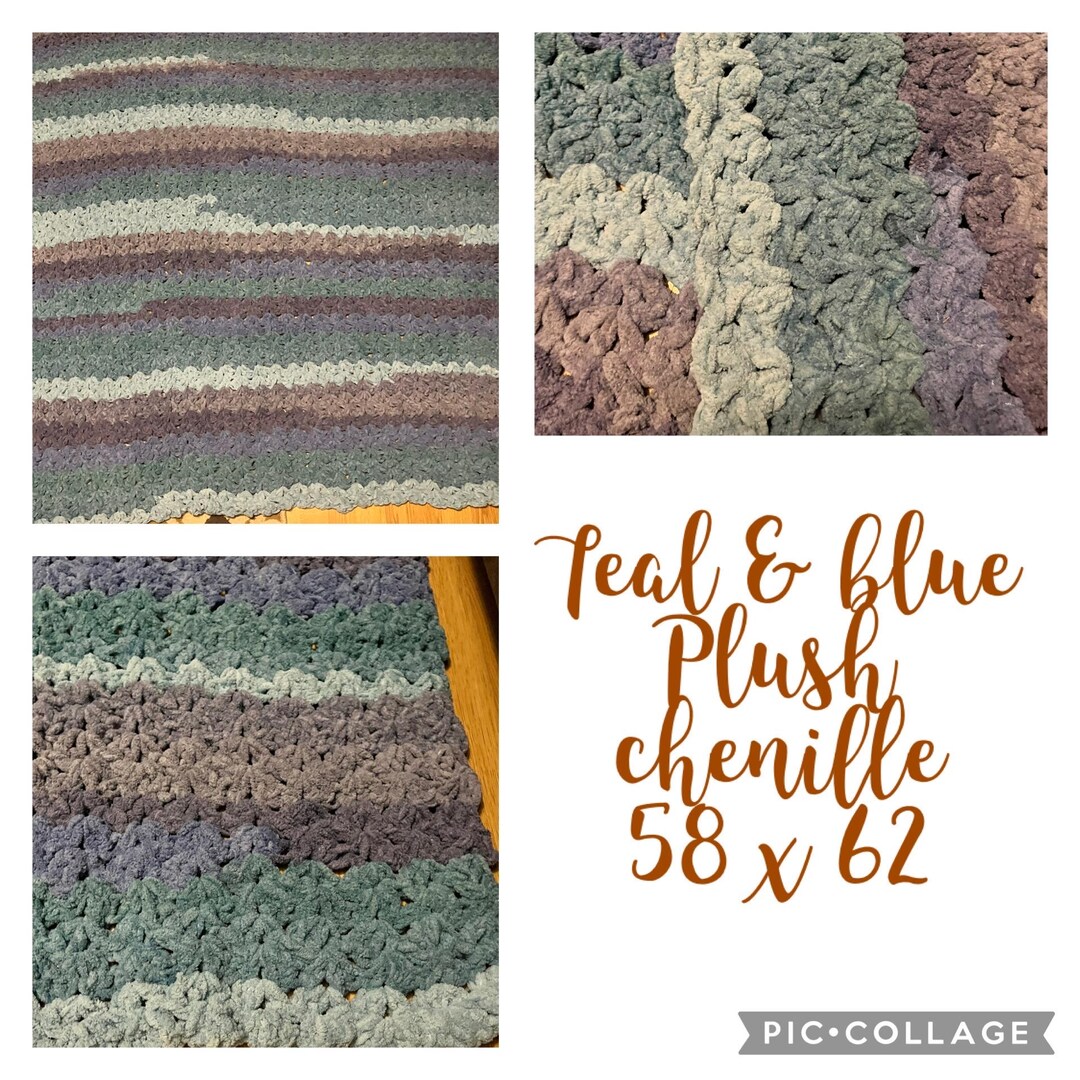 Handmade Crocheted Afghan/throw, Blue/teal, Periwinkle, Plush Chenille ...