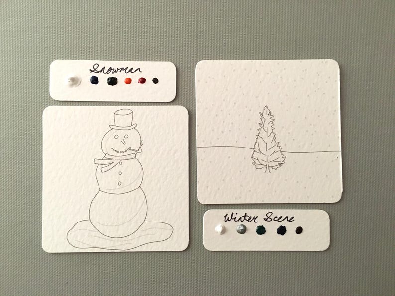 Winter Mini Watercolor Painting Kit Line Art Coloring Cards - Etsy