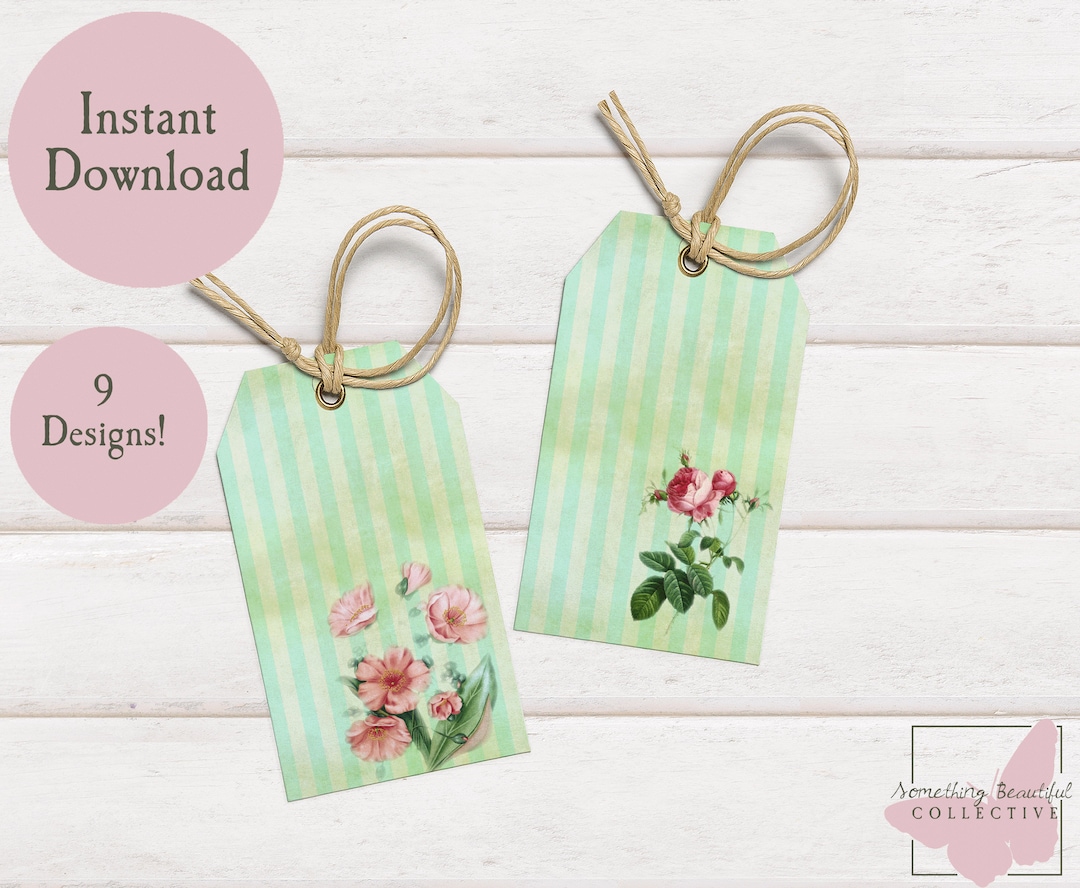 Vintage Floral Printable Gift Tags Set of 9, Victorian Floral Striped ...