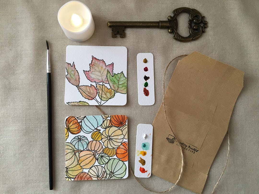 Autumn Mini Watercolor Painting Kit Line Art Coloring Cards - Etsy
