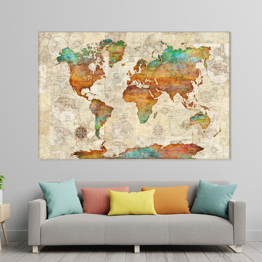 Push Pin World Map Canvas Art , Travel Map Home Decor, Old World Map ...