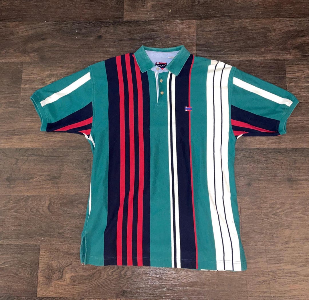 Vintage Men's Bugle Boy Vertical Striped Short Sleeve Polo Shirt Size ...