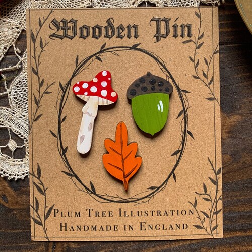 Woodland Wooden Pin Set of 3 Wooden Pin Witch Pin - Etsy