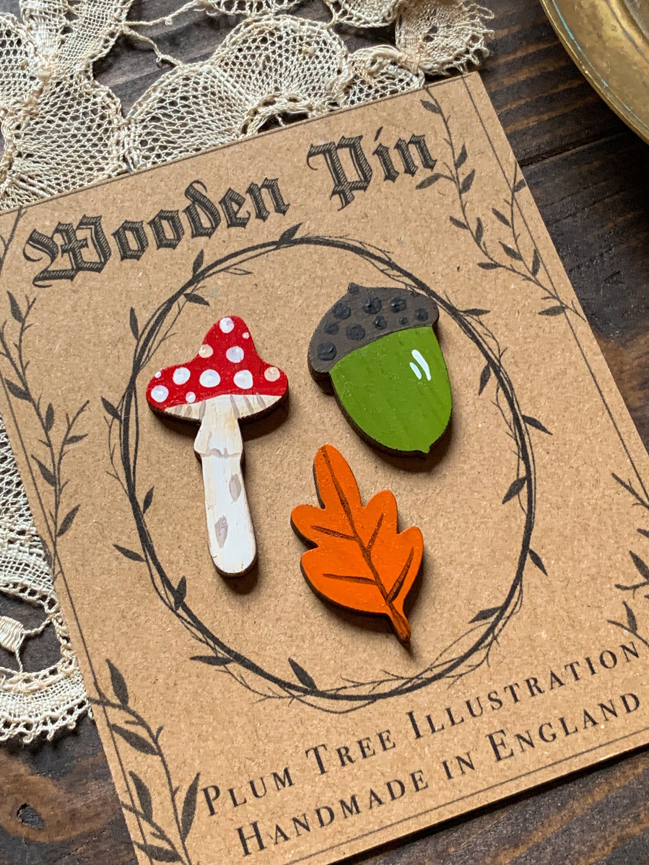Woodland Wooden Pin Set of 3 Wooden Pin Witch Pin | Etsy