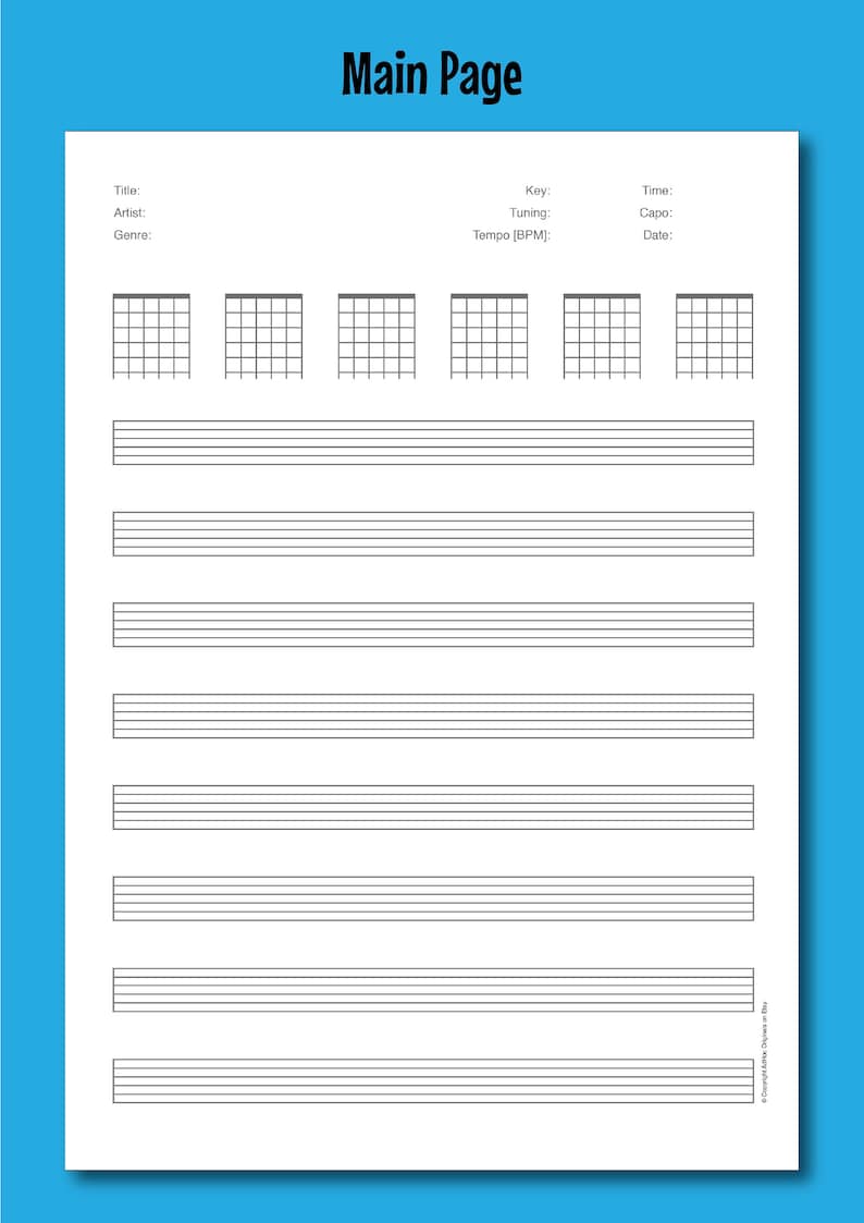 Printable Guitar Tab Paper With Chord Boxes & Song Detail Notes in US ...